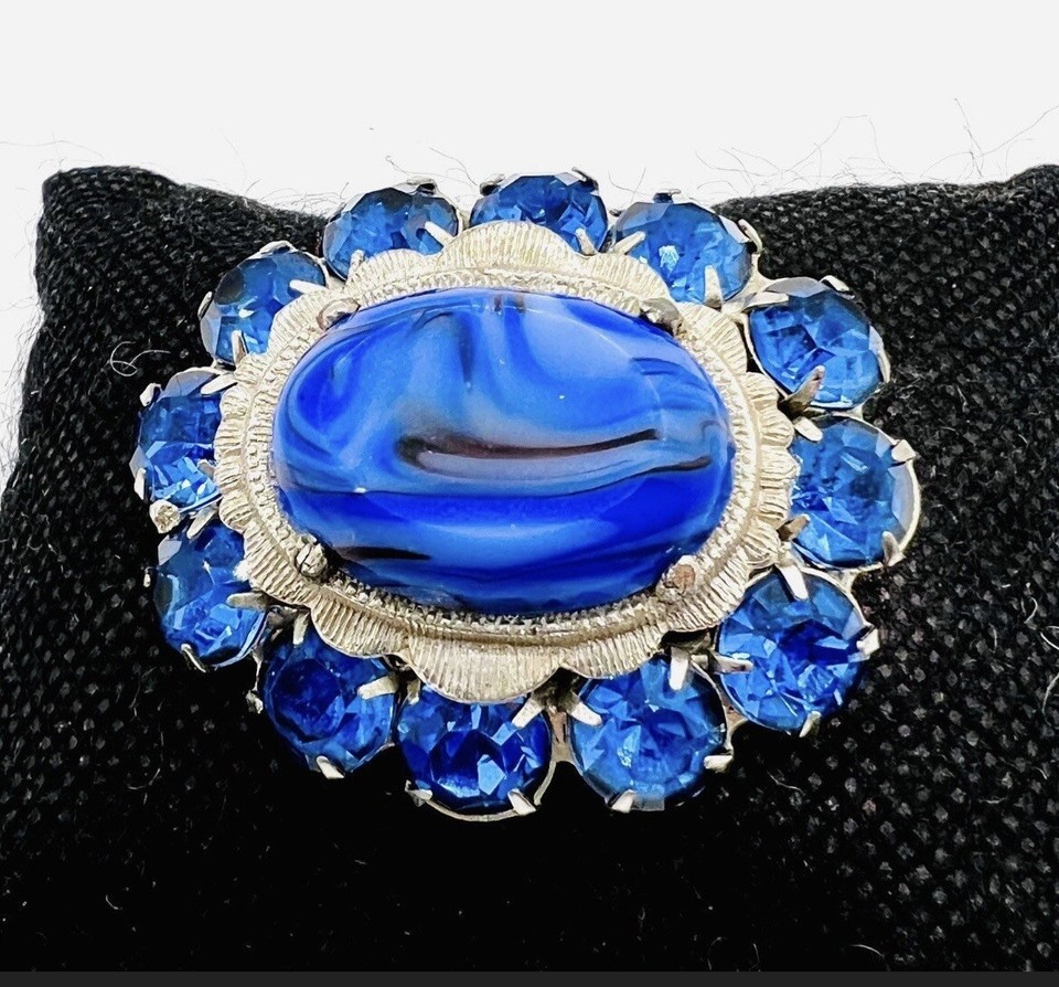 Beautiful Swirling Blue Slag Glass & Rhinestone Brooch Vintage Jewelry ...