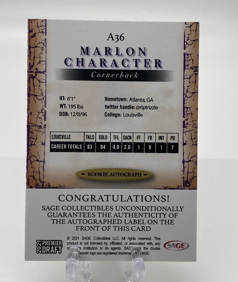 Marlon Character 2021 Sage Premier Draft Football Rookie Autograph #A36 ...