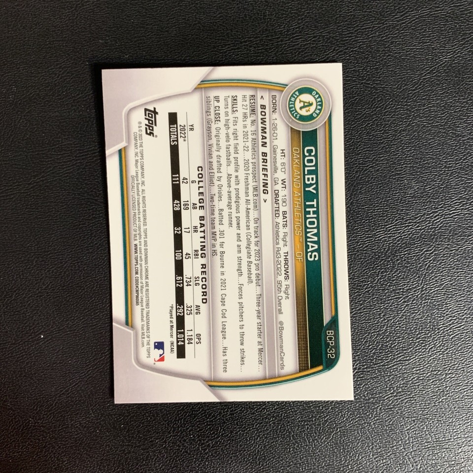 Colby Thomas 2023 Bowman #BCP-32 1st Chrome Prospects Oakland Athletics ...