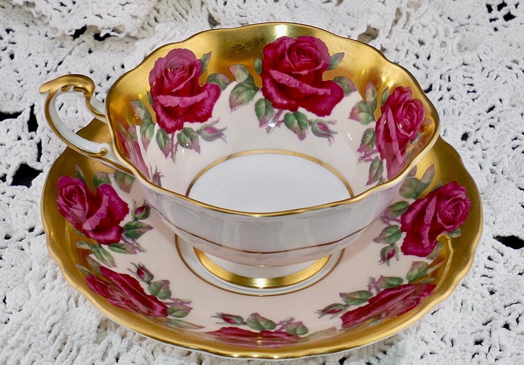 Paragon Pink 14 Red Cabbage Roses Tea Cup And Saucer Gold Trim Rare ...
