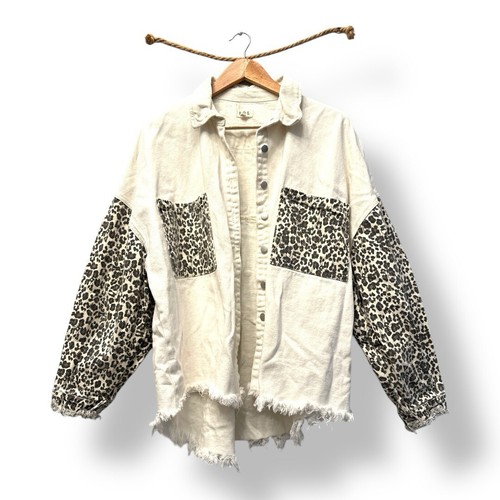 Pol Anthropologie White Denim Leopard Animal Print Oversize Jacket ...