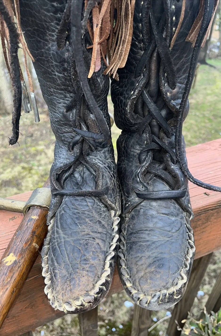 Primitive Antique Hand Made Fringed Black Leather Moccasin Tie Up Boots ...
