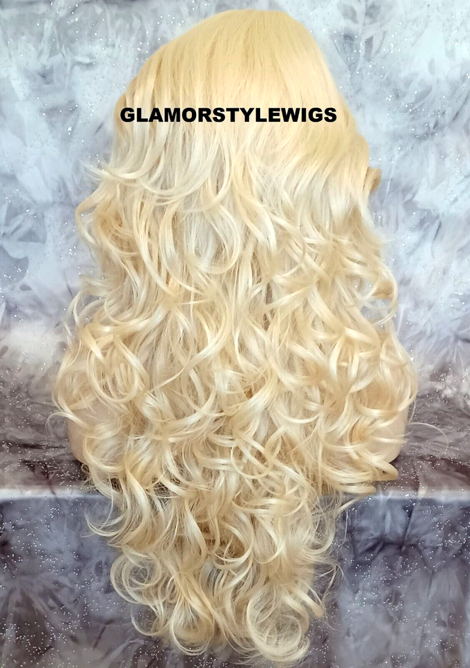 FULL WIG LONG WAVY LAYERED SKIN SIDE PART BLEACH BLONDE HEAT OK #613 ...