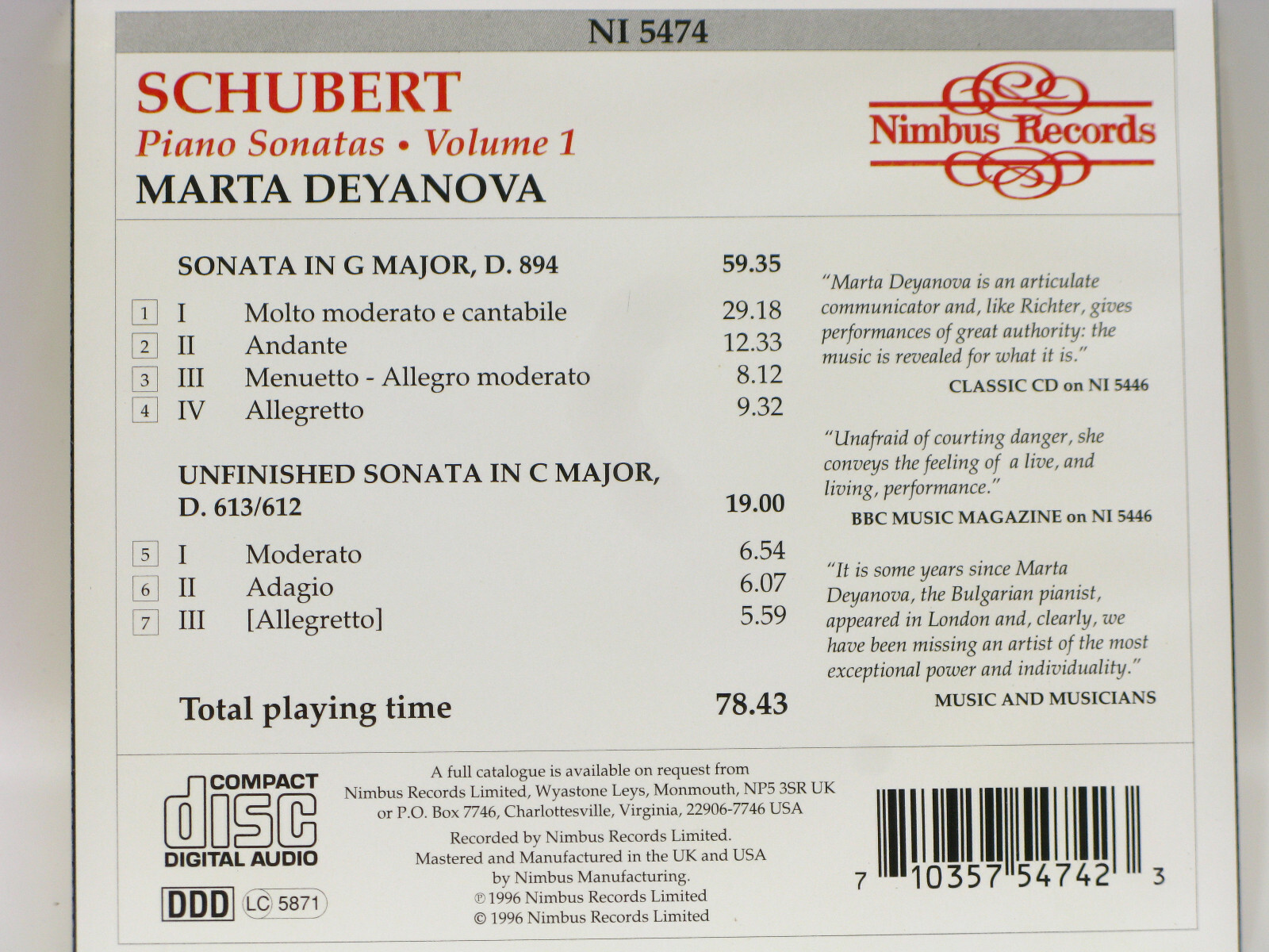 CD SCHUBERT PIANO SONATAS VOL 1 MARTA DEYANOVA NIMBUS RECORDS NI5474 VGC | eBay