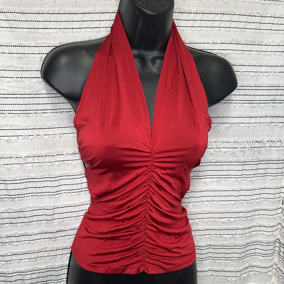 Y2K Red Halter Ruched Cutout Top Rhinestone Detail Stretch Med rave ...