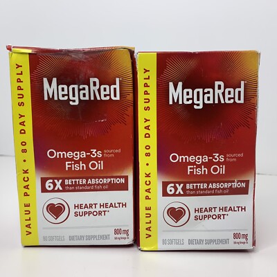 (2) MegaRed Omega-3s Fish Oil 800mg 80 Softgels 6x Absorption EXP 06/25 ...