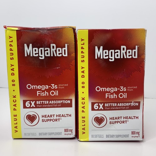 (2) MegaRed Omega-3s Fish Oil 800mg 80 Softgels 6x Absorption EXP 06/25 ...