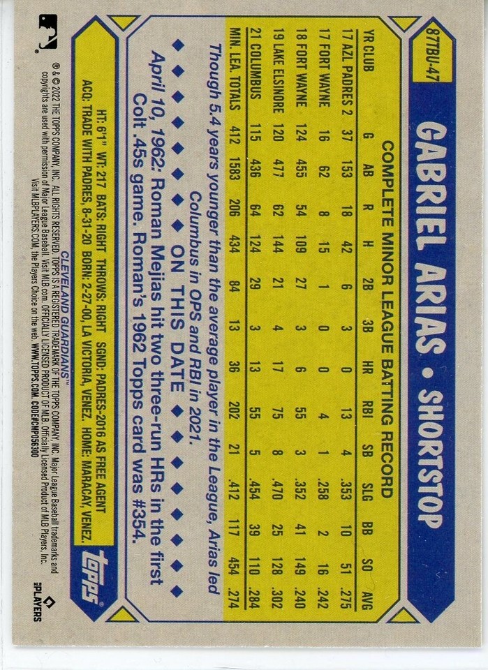 2022 Topps Update '87 Topps #87TBU47 Gabriel Arias | eBay