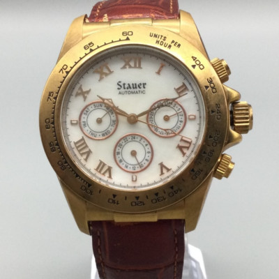 Stauer Automatic Watch Men 39mm Gold Tone Day Date MOP Dial Leather 7. ...