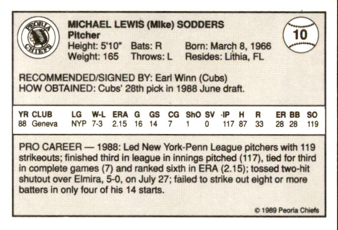 1989 Peoria Chiefs Team Issue #10 Mike Sodders Lithia Florida FL ...