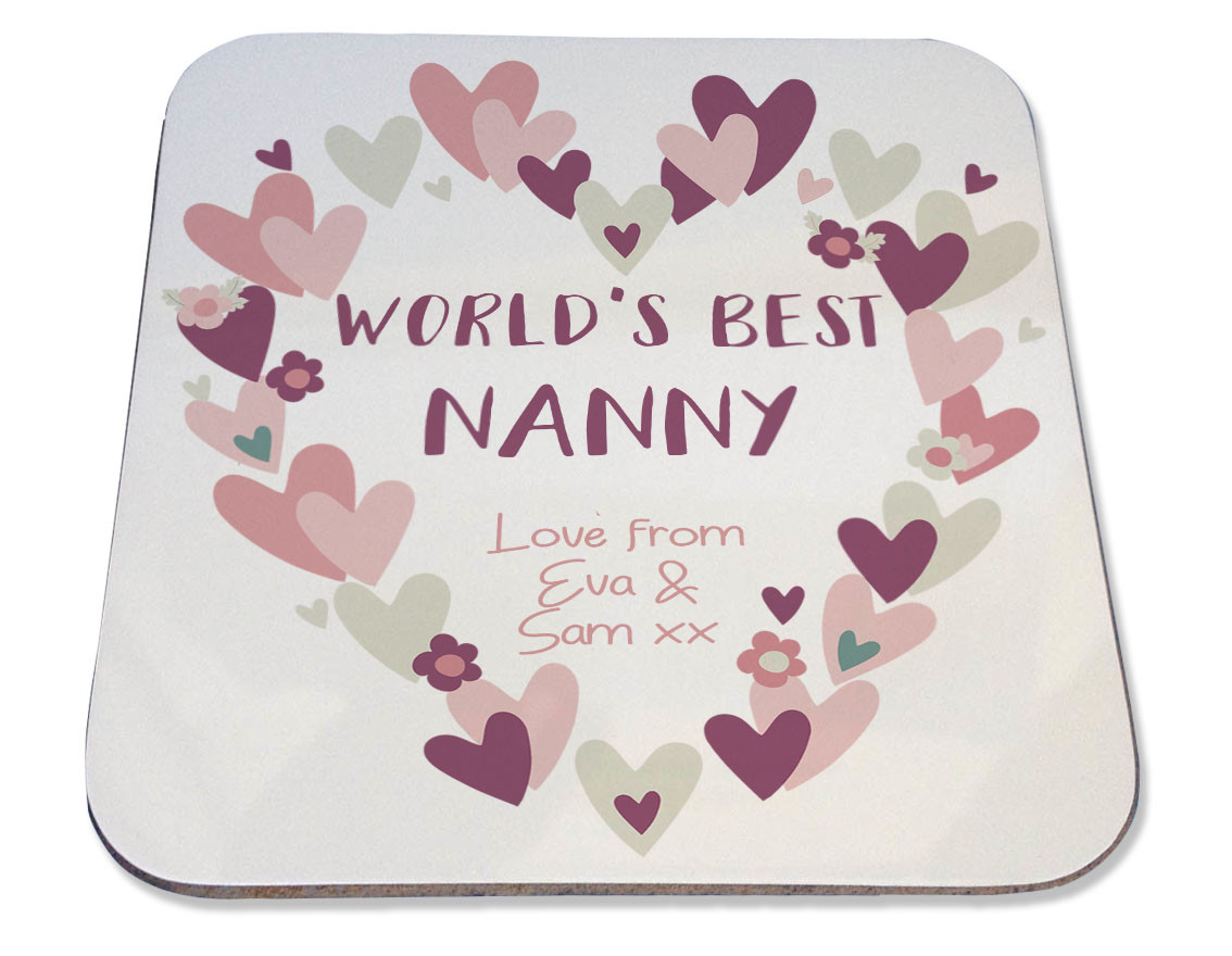 Personalised Printed Coaster Nanny Nan Mum Heart Wreath pretty Birthday ...