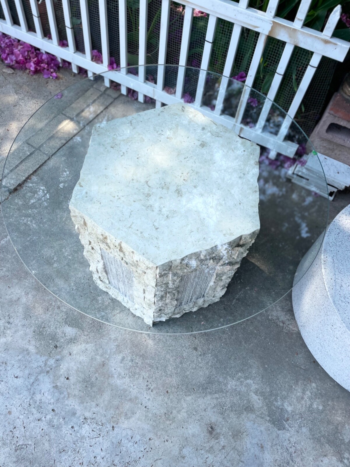 Gray stone patio table with beautiful details. Very gorgeous for an ...