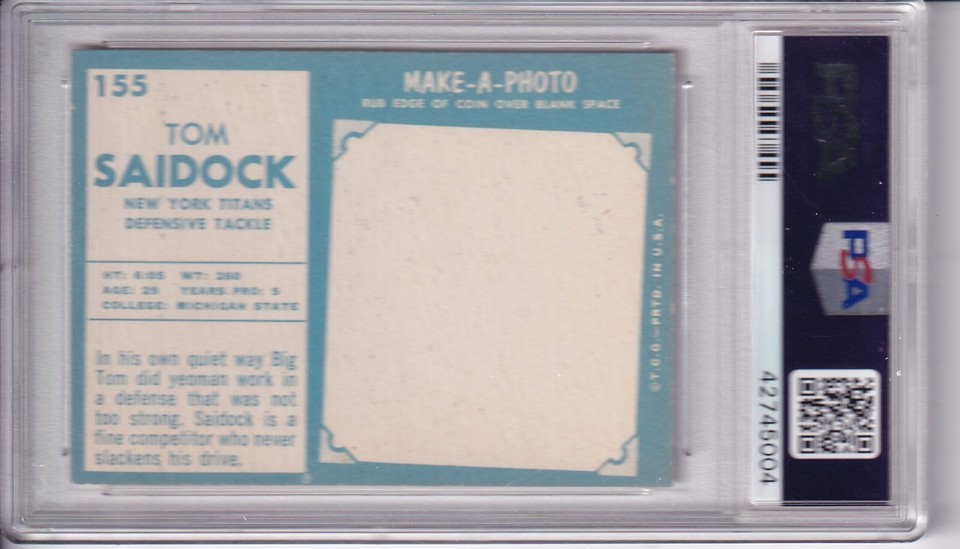 1961 Topps Football #155 Tom Saidock New York Titans PSA 8 NM-MT | eBay