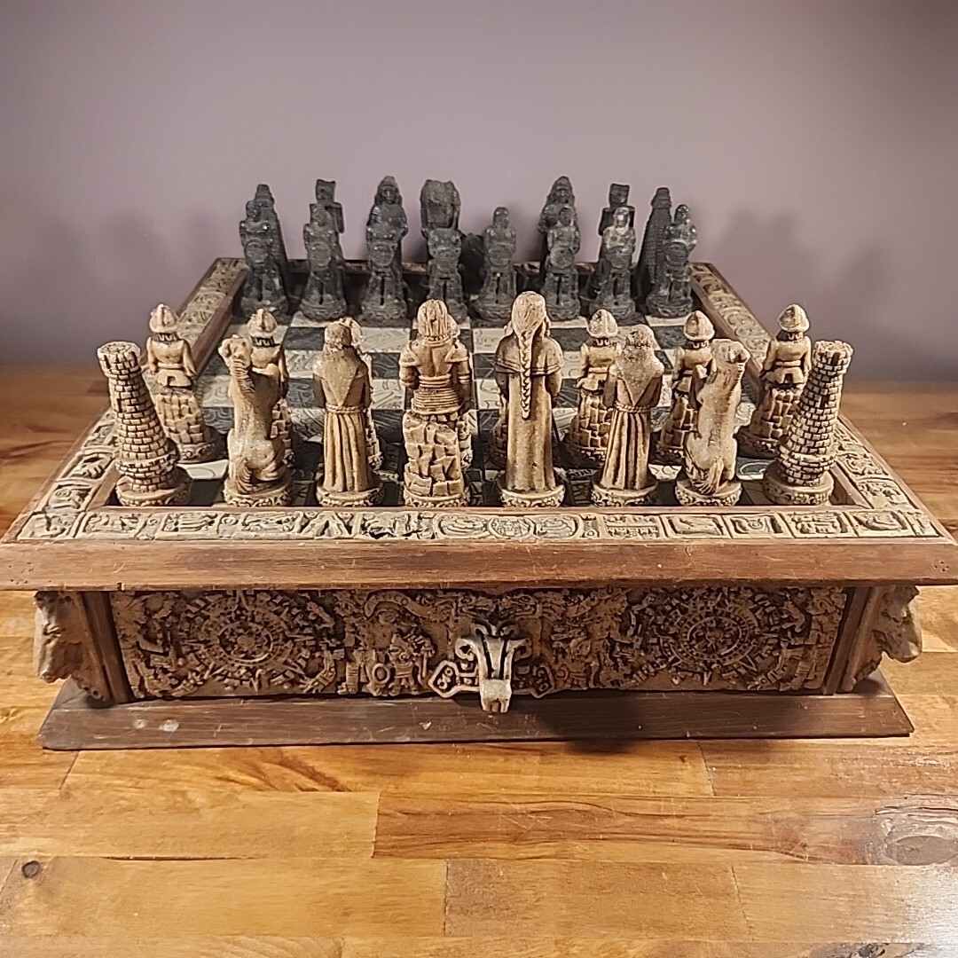Antique Aztec Mayan Style Stone Resin Chess Set Storage Drawers 4 ...