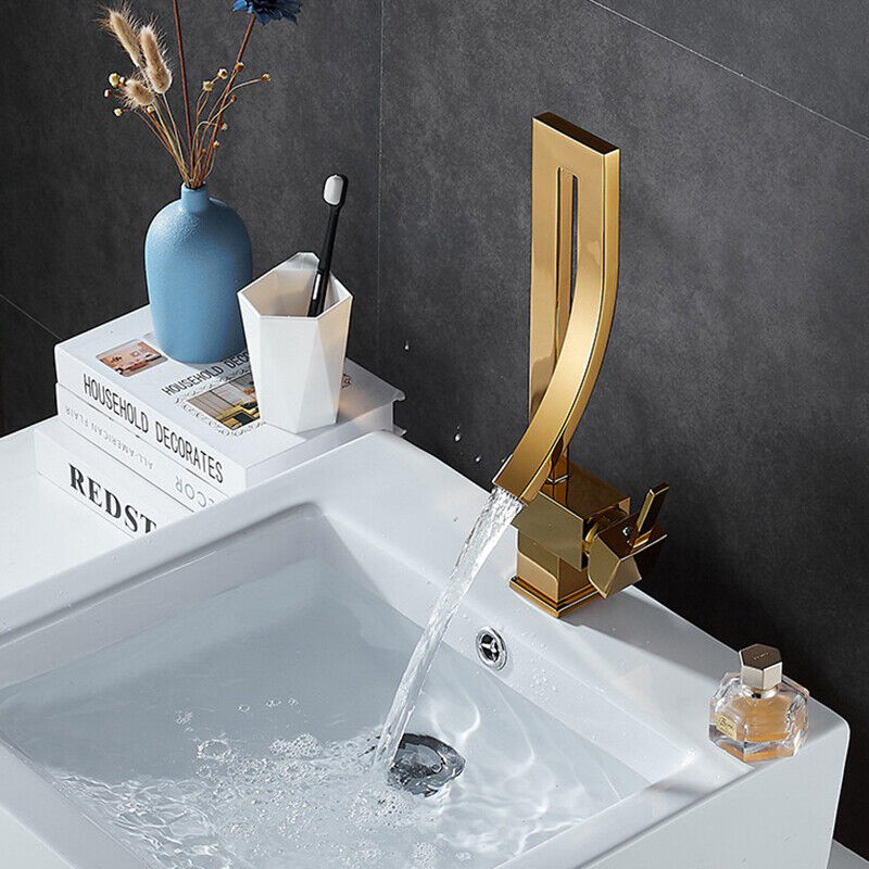 Gold Bathroom Unique Shape Waterfall Wide Spout Faucet Deck Mounted ...