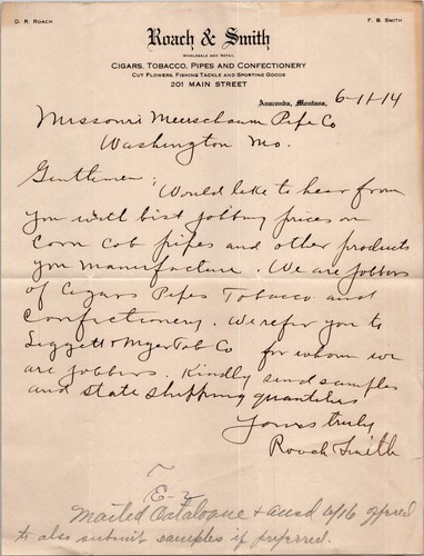 Roach & Smith Anaconda MT 1914 Letterhead Cigars Tobacco & Pipes | eBay