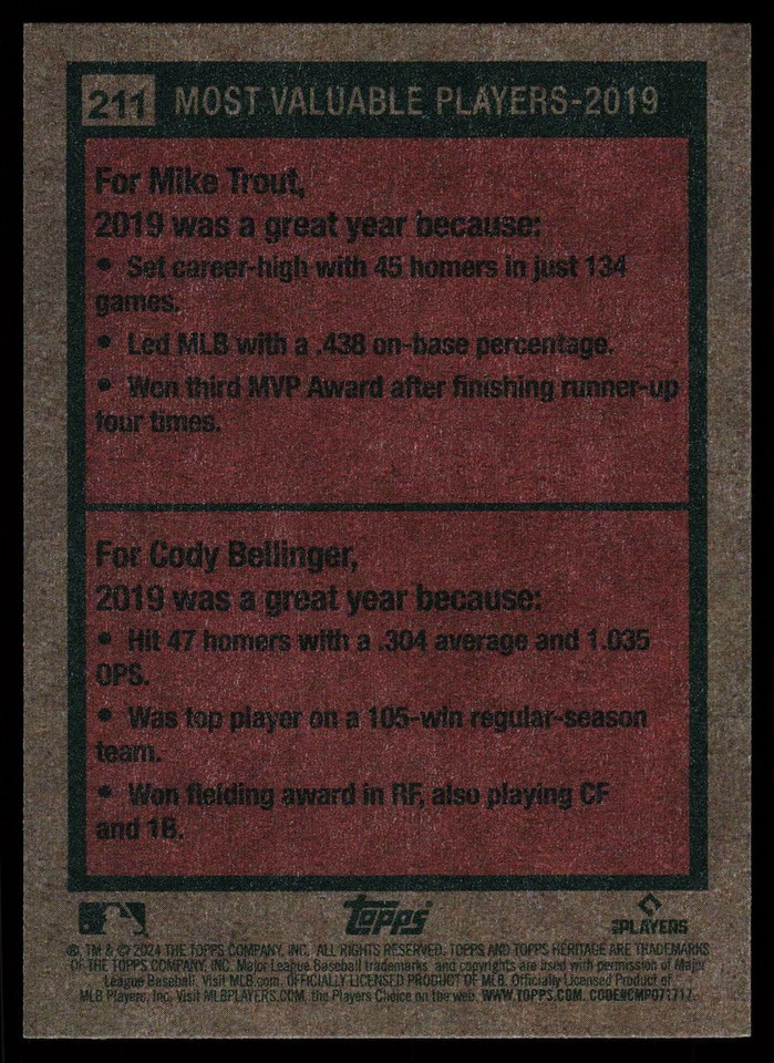 2024 Topps Heritage #211 2019 MVPs (Mike Trout / Cody Bellinger) MVP | eBay