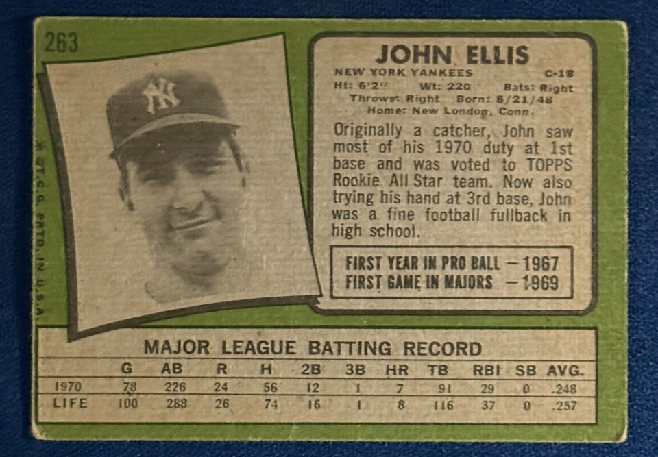 1971 TOPPS #263 JOHN ELLIS (NEW YORK YANKEES) BASEBALL CARD | eBay