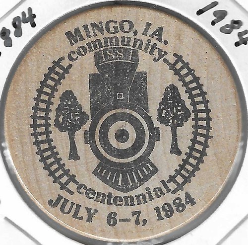 1984, Mingo, Iowa Community Centennial, Token/Coin, Indian Head Wooden ...