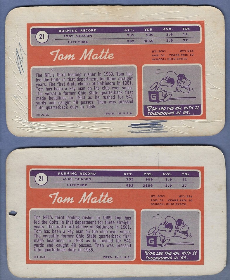 Tom Matte Lot of 2 1970 Topps Super Football #21 Colts Low Grade | eBay