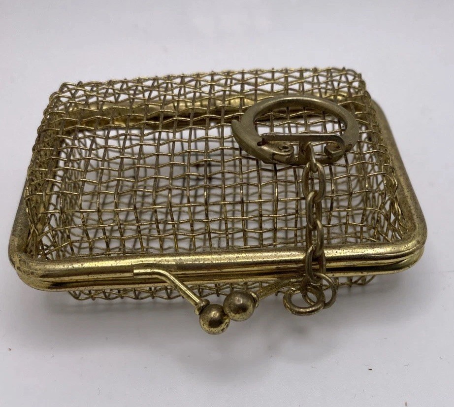 Vintage Gold Tone Metal Wire Mesh Cage Kiss Clasp Hinged Coin Purse Key ...