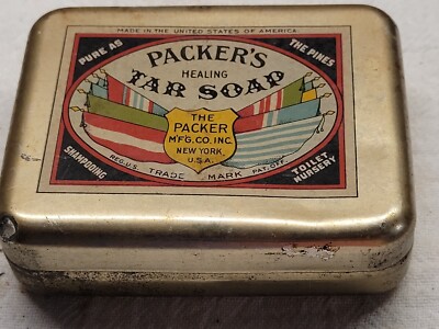 VINTAGE PACKERS TAR SOAP ORIGINAL ANTIQUE SOAP TIN MYSTIC CONNECTICUT ...