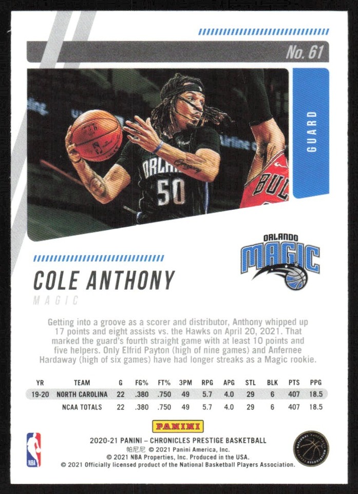 2020-21 Panini Chronicles Prestige Cole Anthony #61 Orlando Magic | eBay