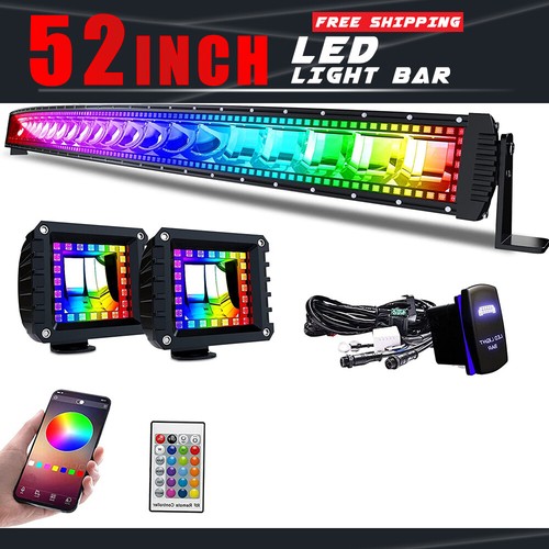 52" RGB LED Work Light Bar Multi Color Music Strobe W/Pods Off Road ...