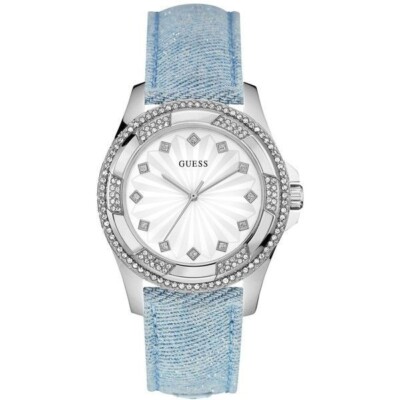 NEW WITH BOX GUESS LADIES' PINWHEEL WATCH STAINLESS STEEL SILVER BLUE ...