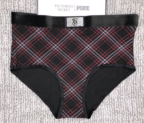 Victoria's Secret NWT Small Black Plaid Shine Patch Brief Panty Logo ...