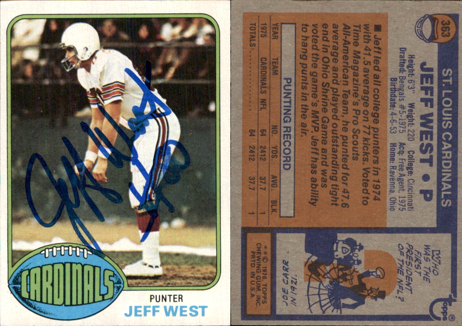 Jeff West Signed 1976 Topps #363 Card St. Louis Cardinals *Autograph ...