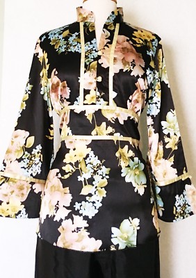 Asian Chinese Vietnamese Women’s Silk Blouse Shirt Long Sleeve Black ...