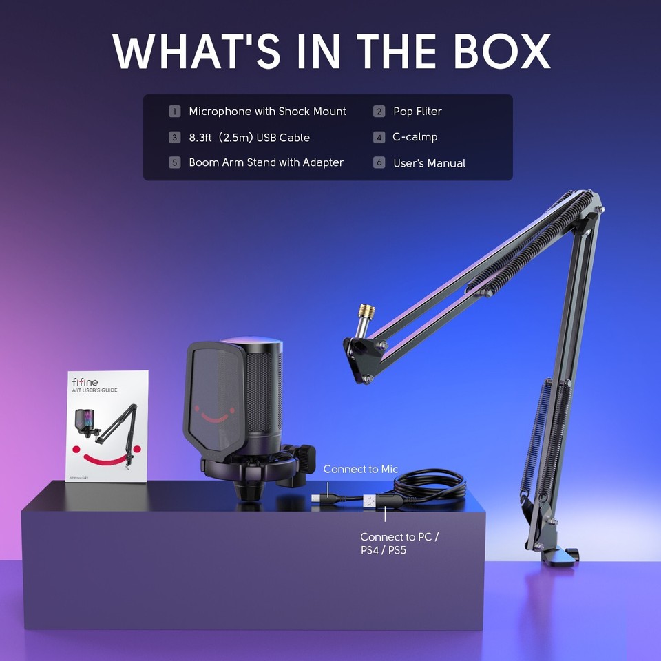 FIFINE A6T Gaming PC USB Microphone, Podcast Condenser Mic with Boom ...