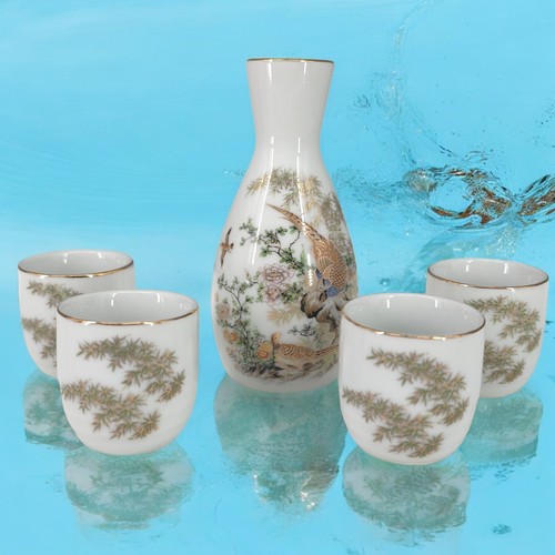 Japanese Sake Pitcher Carafe & 4 Cups Pheasants Flowers Gold Trim Hand ...