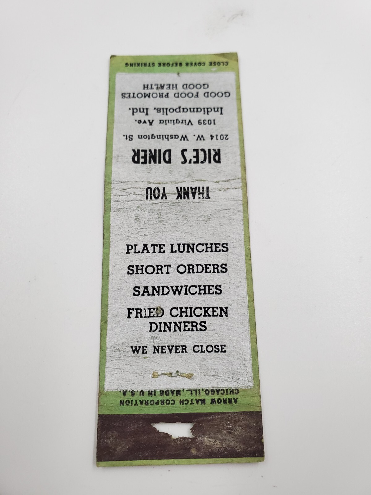 Rice's Diner Indianapolis Indiana Matchbook Cover | eBay