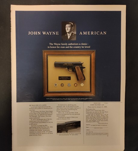 Wayne, John Franklin Mint Commemorative .45 1988 mag ad photo clipping ...
