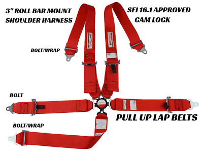 RED 5 POINT RACE HARNESS CAM LOCK BOLT IN PULL UP LAP BELTS SFI 16.1 ...