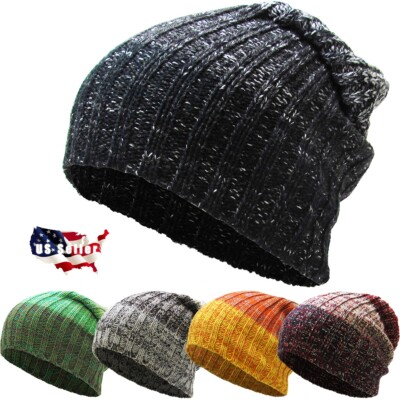Tri Tone Ribbed Knit Slouchy Beanie Baggy Style Skull Cap Winter Unisex ...