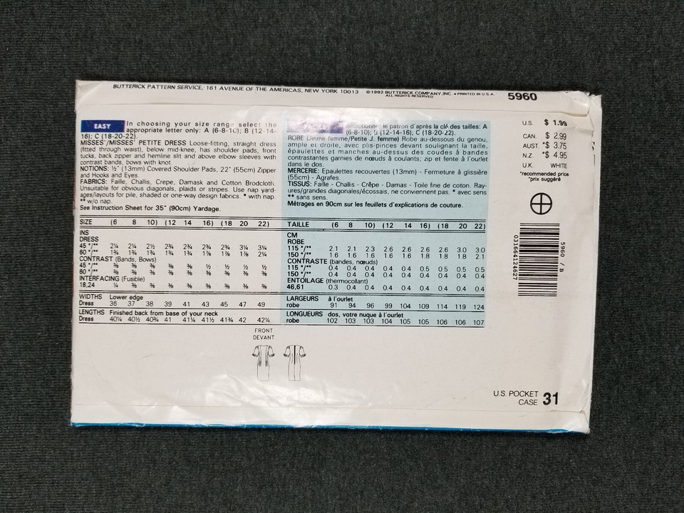 Butterick #5960 ~ Mid-calf Loose-fit Dress / Fitted waist ~ Misses 12 ...
