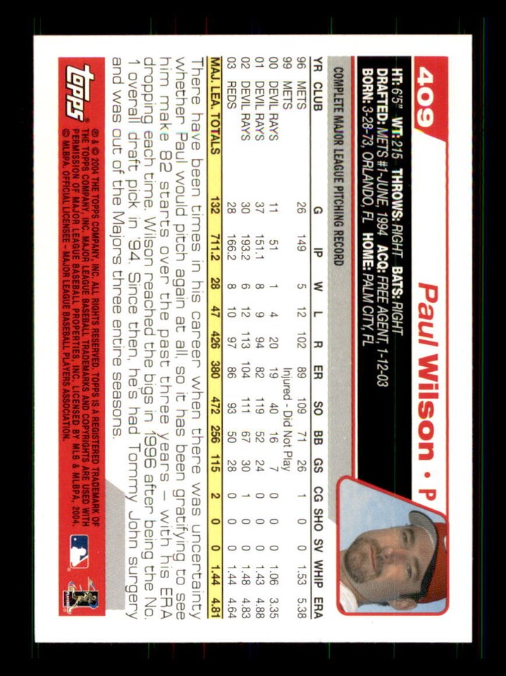 2004 Baseball Topps Paul Wilson Cincinnati Reds #409 | eBay