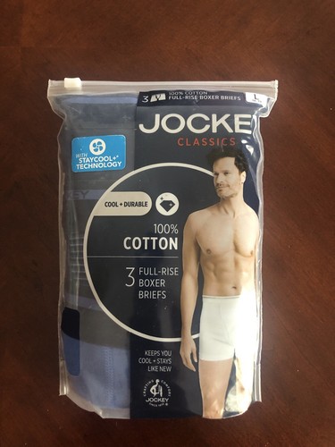MENS JOCKEY CLASSICS 100% COTTON FULL RISE BOXER BRIEFS 3 Pair- LARGE ...