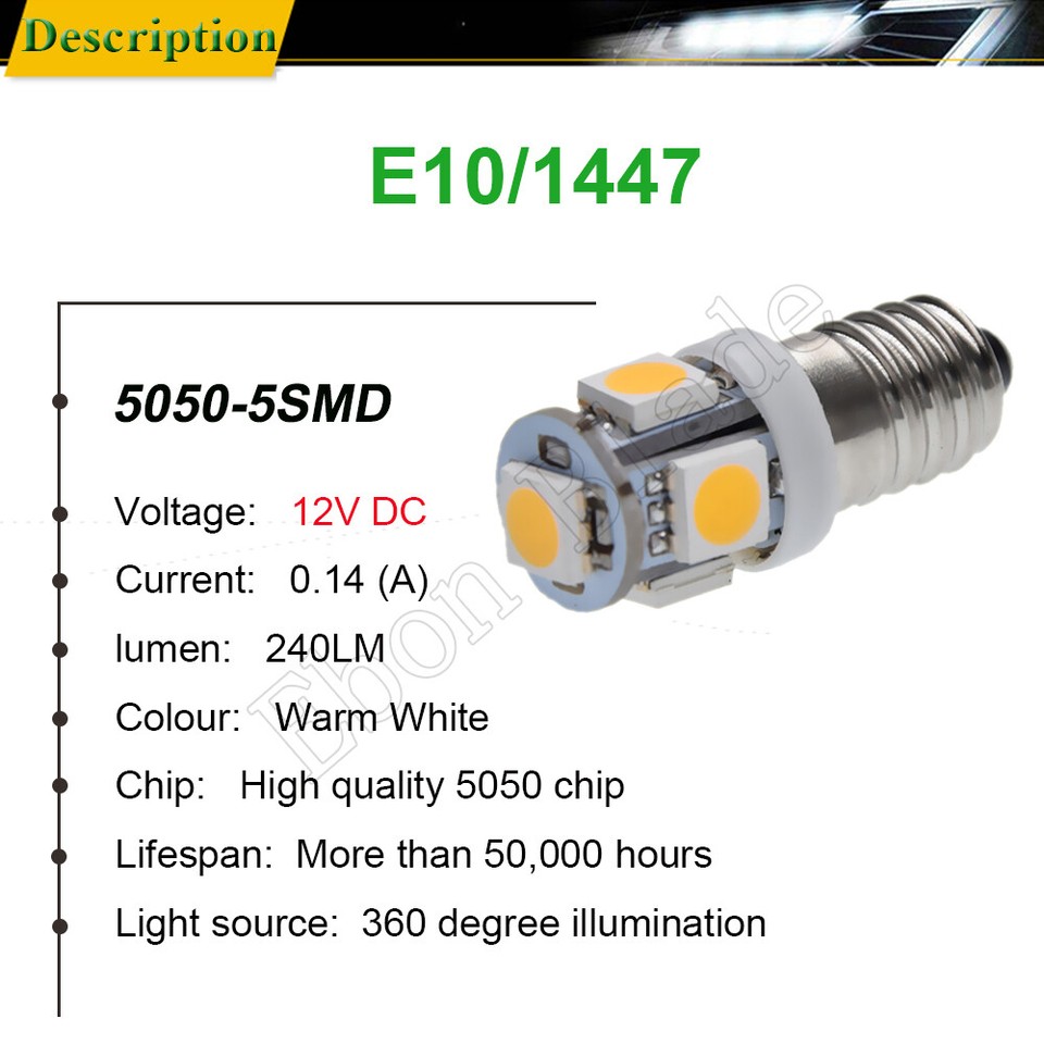 10x 12V DC Warm White E10 SCREW 1447 LED LAMP CAR BICYCLE TORCH 4300K ...