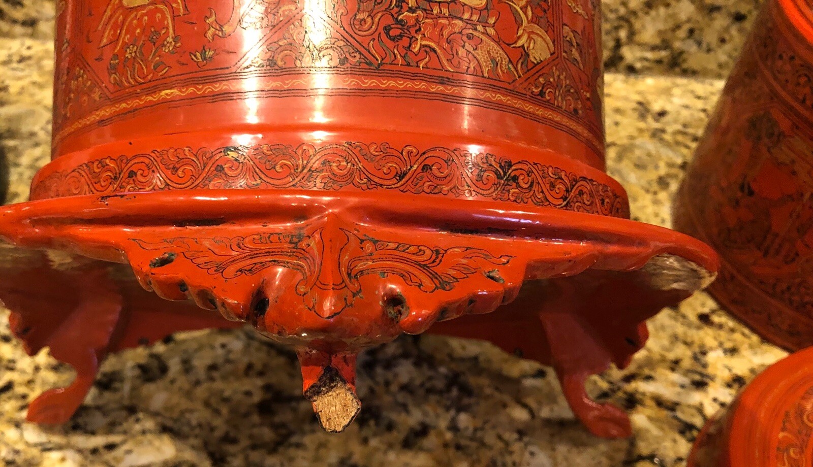 RARE SIGNED LARGE RED LACQUER BIRD FOOTED 4 PIECE LUNCH BOX BUDDHA ...