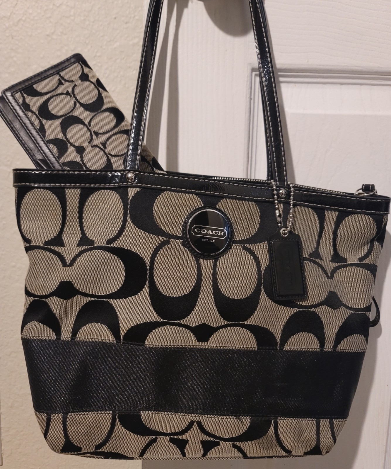 COACH Black And Gray Signature Stripe Tote Bag Canvas… - Gem