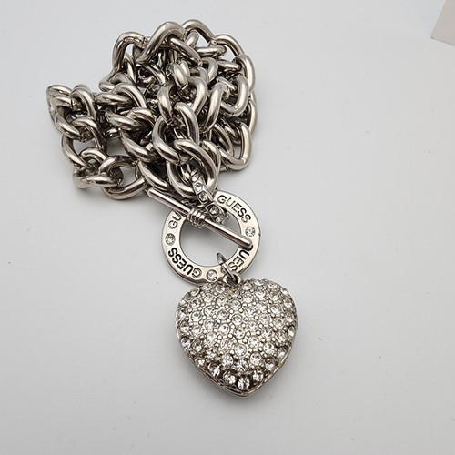 Guess Puffed Heart Charm Pave Rhinestone Silver Tone Front Toggle ...