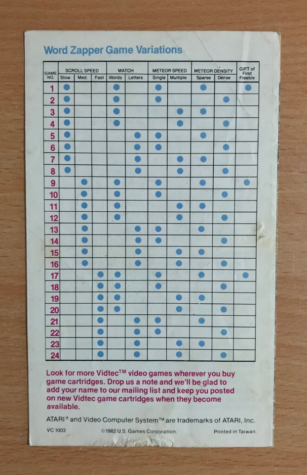 WORD ZAPPER - ATARI 2600 Instruction manual | eBay