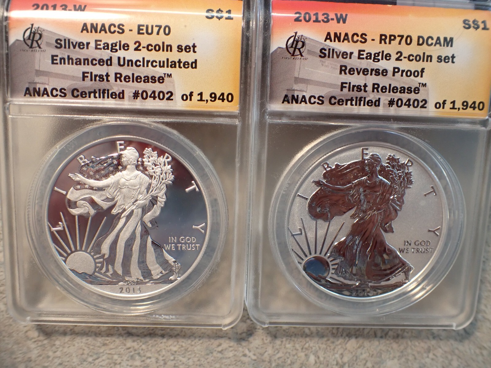 2013 W Silver Eagle 2 Coin Set ANACS RP70 EU70 Reverse Proof & Enhanced ...