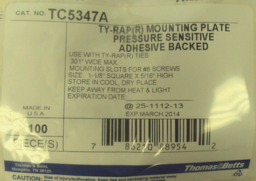 THOMAS & BETTS TY-RAP MOUNTING PLATE P/N: TC5347A ADHESIVE BACK (LOT OF ...