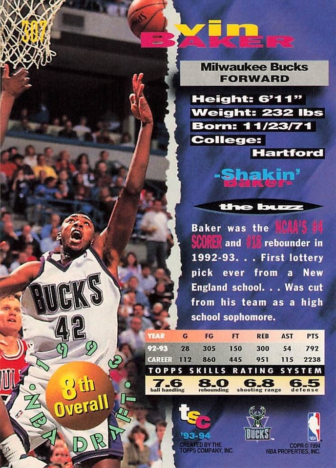 Vin Baker Rookie Draft Pick Topps Stadium Club 1994 Basketball Card ...