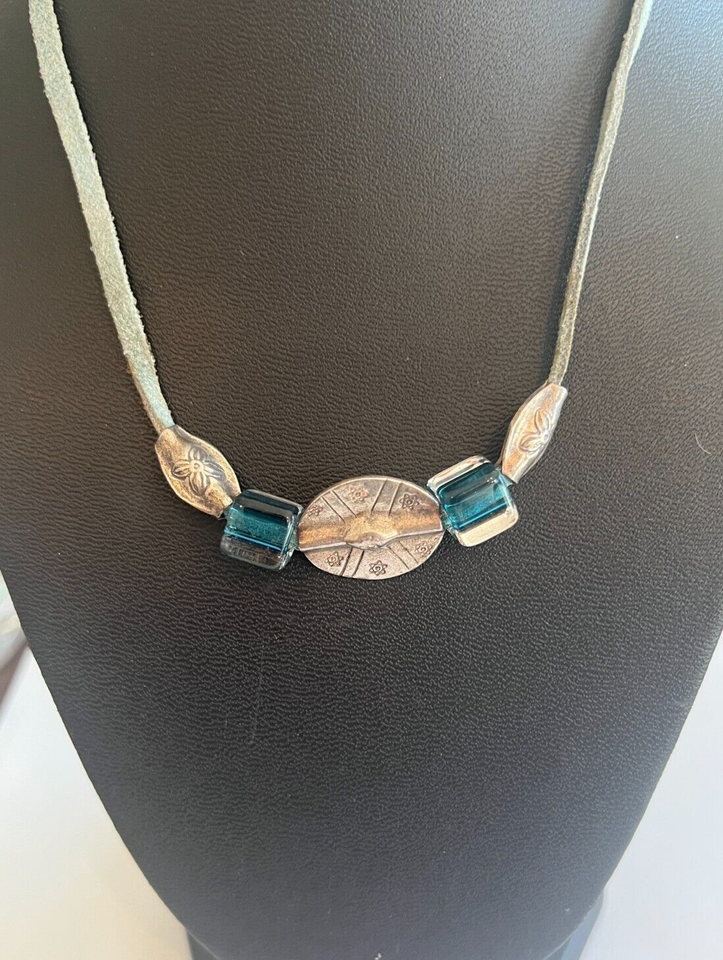 Sterling Silver Silver Bead Blue Cord Necklace 16" | eBay